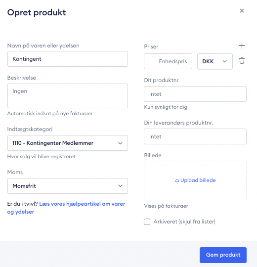 Holdsport - Hvordan opretter jeg produkter i Billy